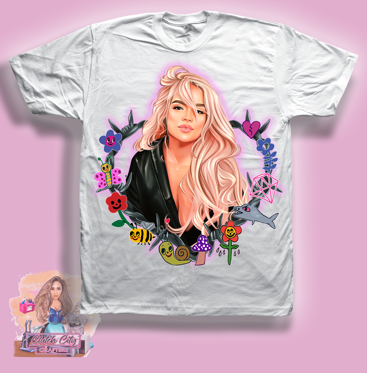 Karol G White Tee heart with Logos – Clutch City Crafters